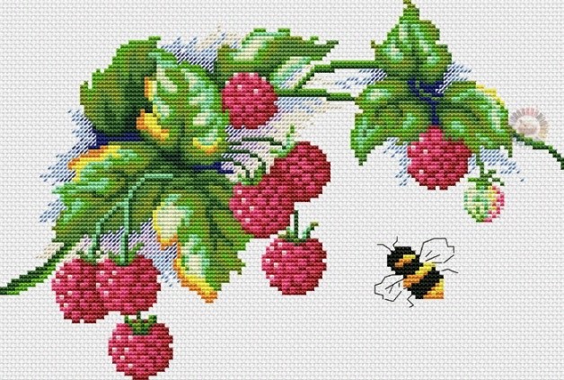 Вышивка Малина и пчела крестом, схема в PDF №21598