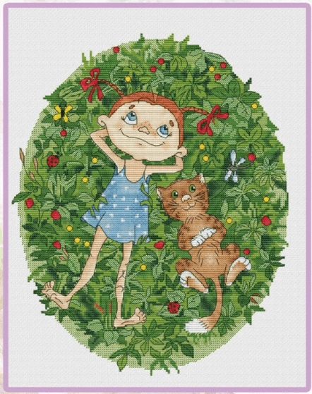 Вышивка Девочка и кот на лужайке крестом, схема в PDF №1978