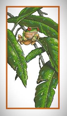 Вышивка Древесная лягушка среди листьев крестом, схема в PDF №12513